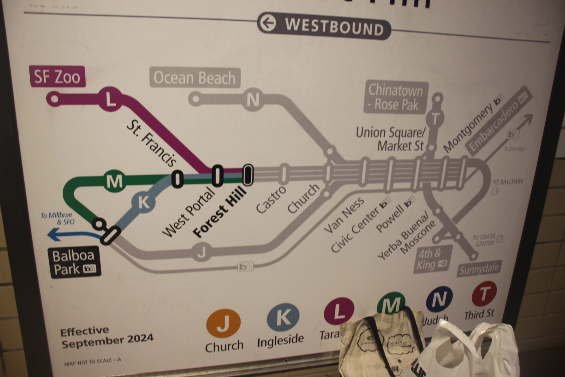 Westbound Muni map, Forest Hill station, San Francisco, March 2025 ...